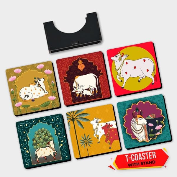 Sudi Wooden Tea Coasters with Stand, Indian Traditional Cow Art, Set of ...