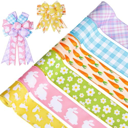 Amazon.com: Whaline 6 Roll Easter Wired Edge Ribbon Bunny Rabbit Carrot ...