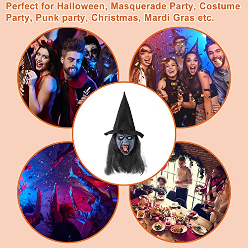Buy HANTURE Halloween Scary Witch Mask with Black Hair and Hat Latex ...