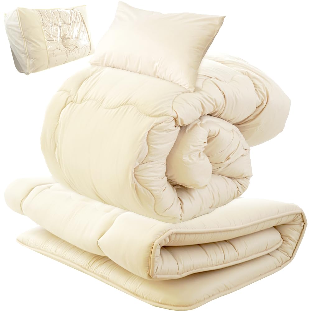 Amazon｜布団セット シングル 収納ケース付き 掛け布団 約150×210cm + 敷き布団 約100×200cm + 枕 約43×63cm + 収納袋 4点セット 無地 アイボリー ...