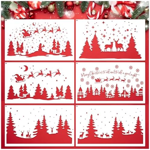 Amazon.com: Large Christmas Window Stencils for Glass Reusable Winter Scene Forest Pine Reindeer ...