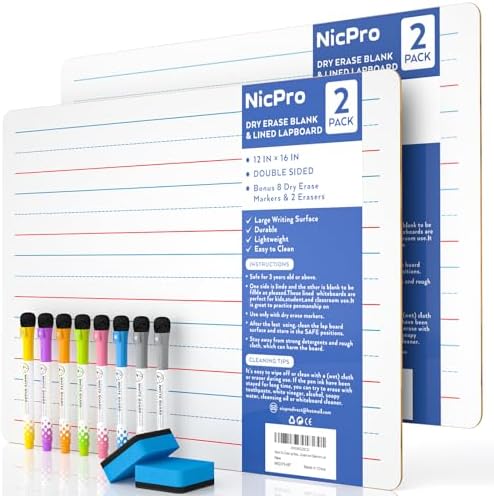 Nicpro 2 Pack Whiteboard A3, 30 x 42 cm Double Sided Blank & Lined ...