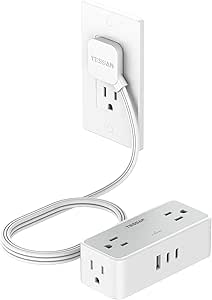 TESSAN Flat Plug Power Bar with USB Ports - Compact & Versatile