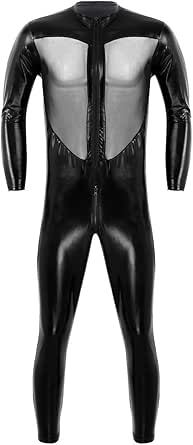 Amazon.com: ACSUSS Men's Wet Look PVC Leather Zipper Front Full Body ...