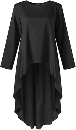 Women's Asymmetrical High Low Long Sleeve Round Neck Flowy Blouse Tops ...