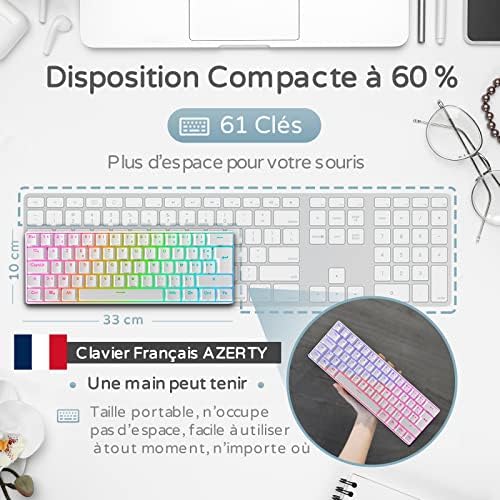 RK ROYAL KLUDGE RK61 Clavier Blanc sans Fil, AZERTY Français 60% ...