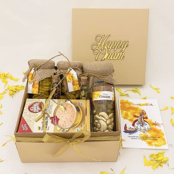 Angroos Yummy Onam Gifts Hamper box with Jaggery chips and banana chips, Amul - Mithai Mate ...