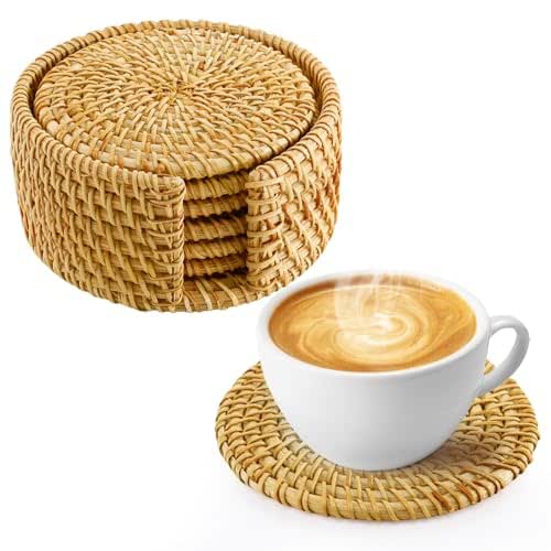 Amazon.com: 6pcs Handmade Rattan Coasters with Holder, Natural Wicker ...