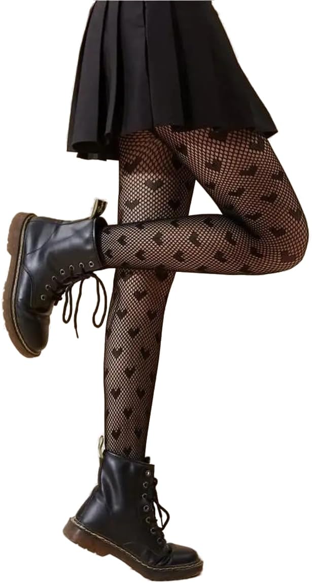 Womens Heart Fishnet Tights – Black Sheer Patterned Tights with Hearts ...