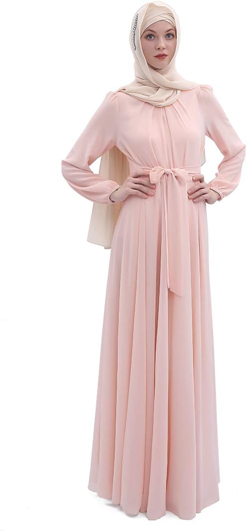 BooW Women's Chiffon Kaftan Abaya Dress Muslim Long Sleeve Self Tie ...