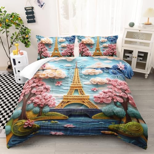 Amazon.com: AILONEN Gold Eiffel Tower Comforter Set Queen Size,Paris ...
