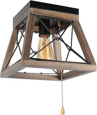 Baiwaiz Rustic Ceiling Light Fixture with Pull Chain, 1-Light Wood ...