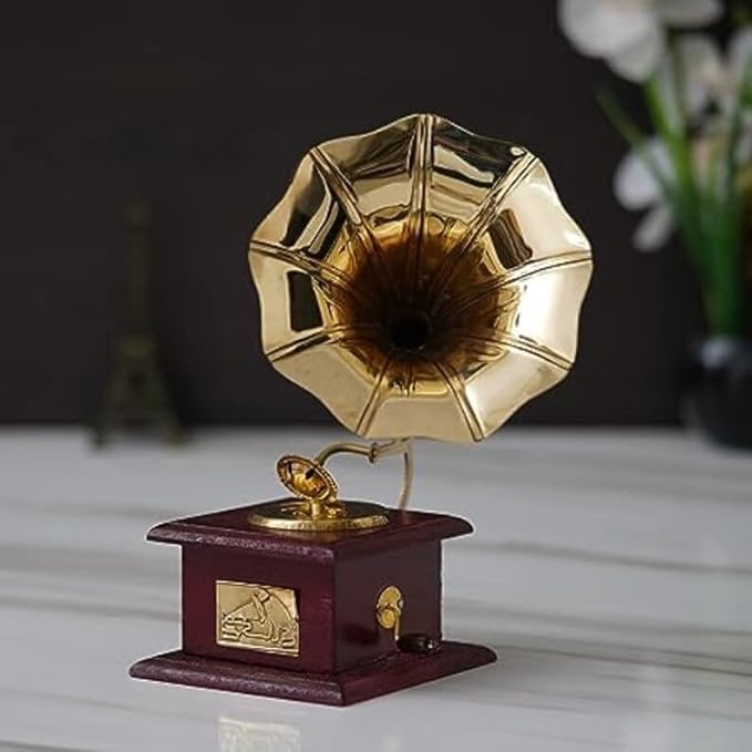 MADHUSHREE Handmade Wooden Brass Vintage Style Gramophone Showpiece ...