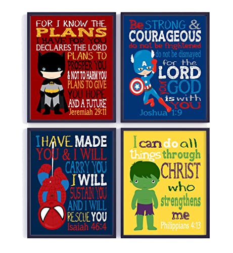 Amazon.com: Superhero Christian Nursery Decor Set of 4 Unframed Prints ...