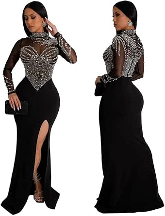 Amazon.com: Women Sexy Rhinestone Dresses Party Club Night Sexy Split Bodycon Party Dress ...