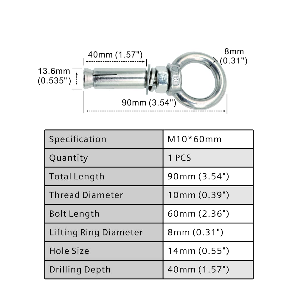 Snapklik.com : M10x60mm Ring Lifting Expansion Anchor Eyebolt 1 Pack ...