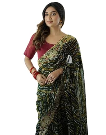 Buy Sareya Veela Women's Georgette Bandhani Printed Embroidery Saree with Unstitched Blouse ...