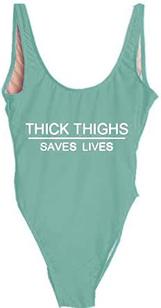 Amazon.com: MNLYBABY Thick Thighs Saves Lives Funny Letter Swimsuit Women One Piece High Cut ...