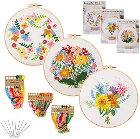 AUTOWT Beginner Embroidery Starter Kit, 3 Needlepoint Embroidery Kit ...