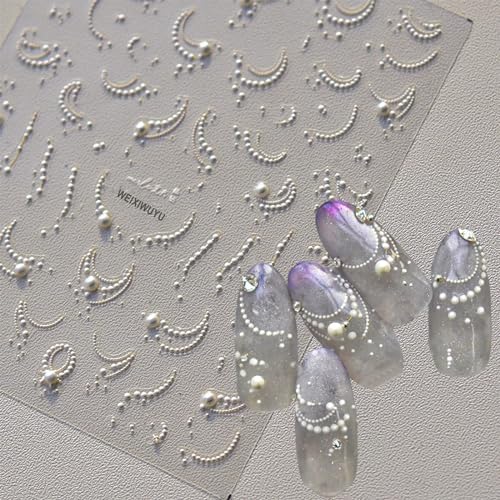 Amazon.com: Pearl Full Cover Nail Stickers 5D Elegant White Pearl ...