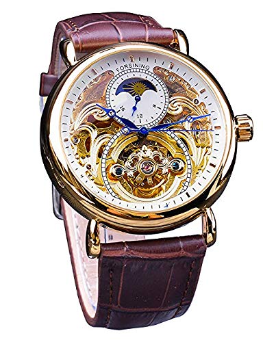 FORSINING Men's Skeleton Display Blue Hands Brown Leather Belt ...