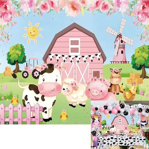 Amazon.com : Pink Farm Barn Backdrop Cartoon Farm Animals Birthday ...