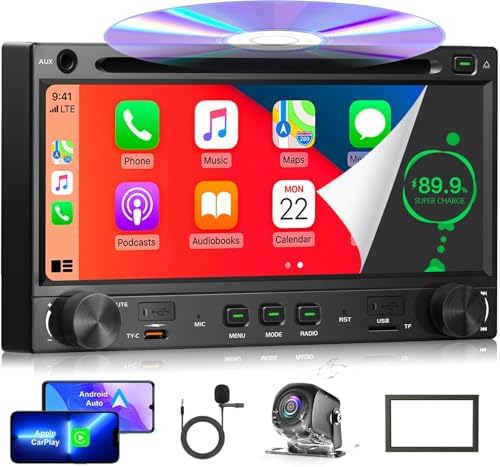 Amazon.com: Double Din car Stereo with CD/DVD Player- CarPlay & Android ...