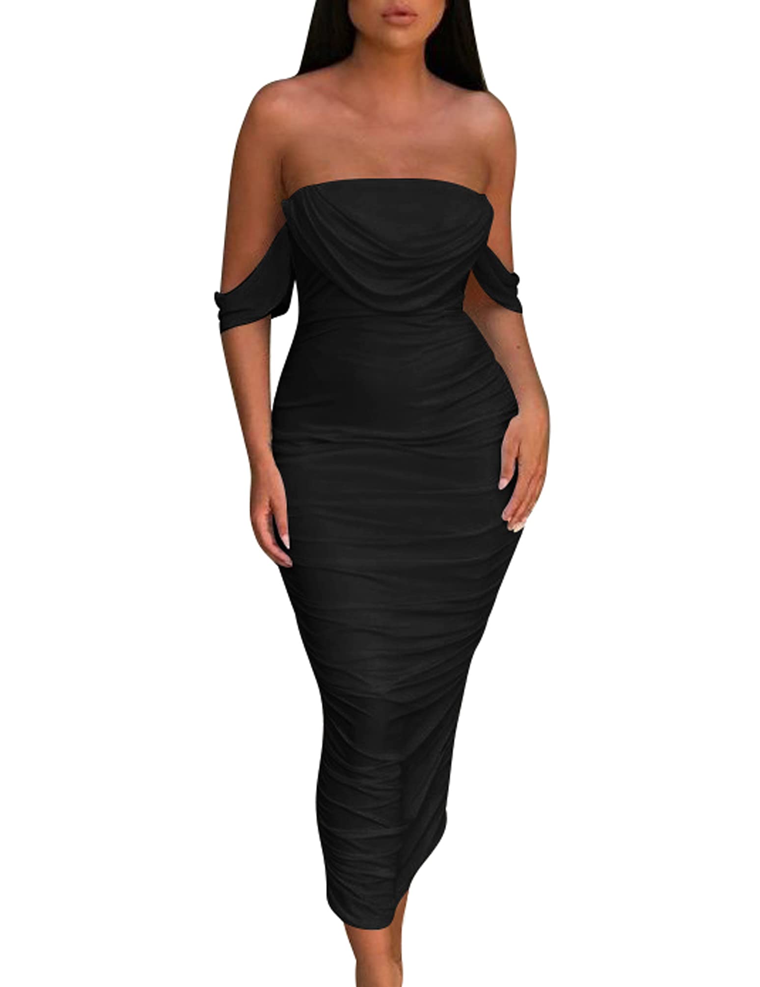 HOCILLE Women's Sexy Ruched Bodycon Strapless Off Shoulder Midi Club ...