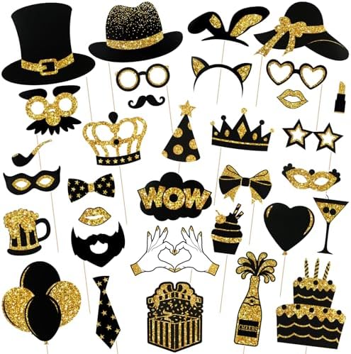 Amazon.com: 30 Pieces Black Golden Photo Booth Props for Birthday ...