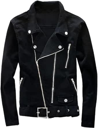 Men's Black Denim Biker Jean Jacket Classic Motorcycle Style Punk ...