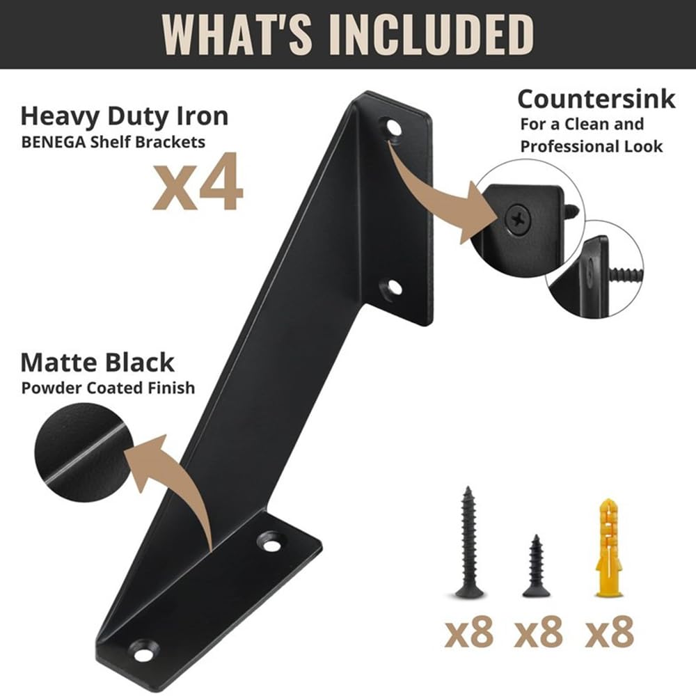 Wotendy 20cm Heavy-Duty Angle Shelf Brackets for Floating Shelves, 4pcs ...