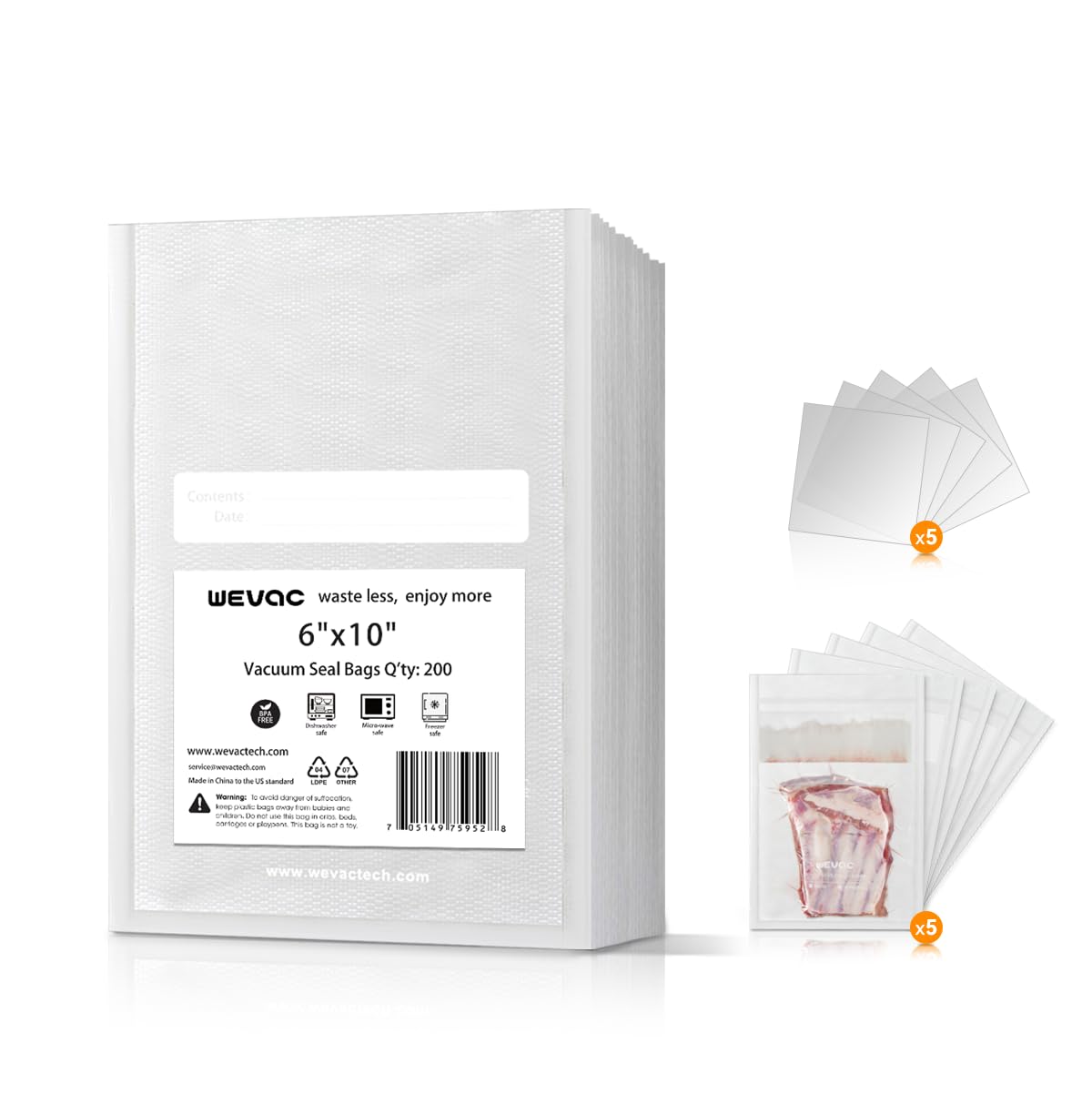 Amazon.com: 6" x 10" Precut Vacuum Sealer Bags, 200 Count, Includes 5 ...