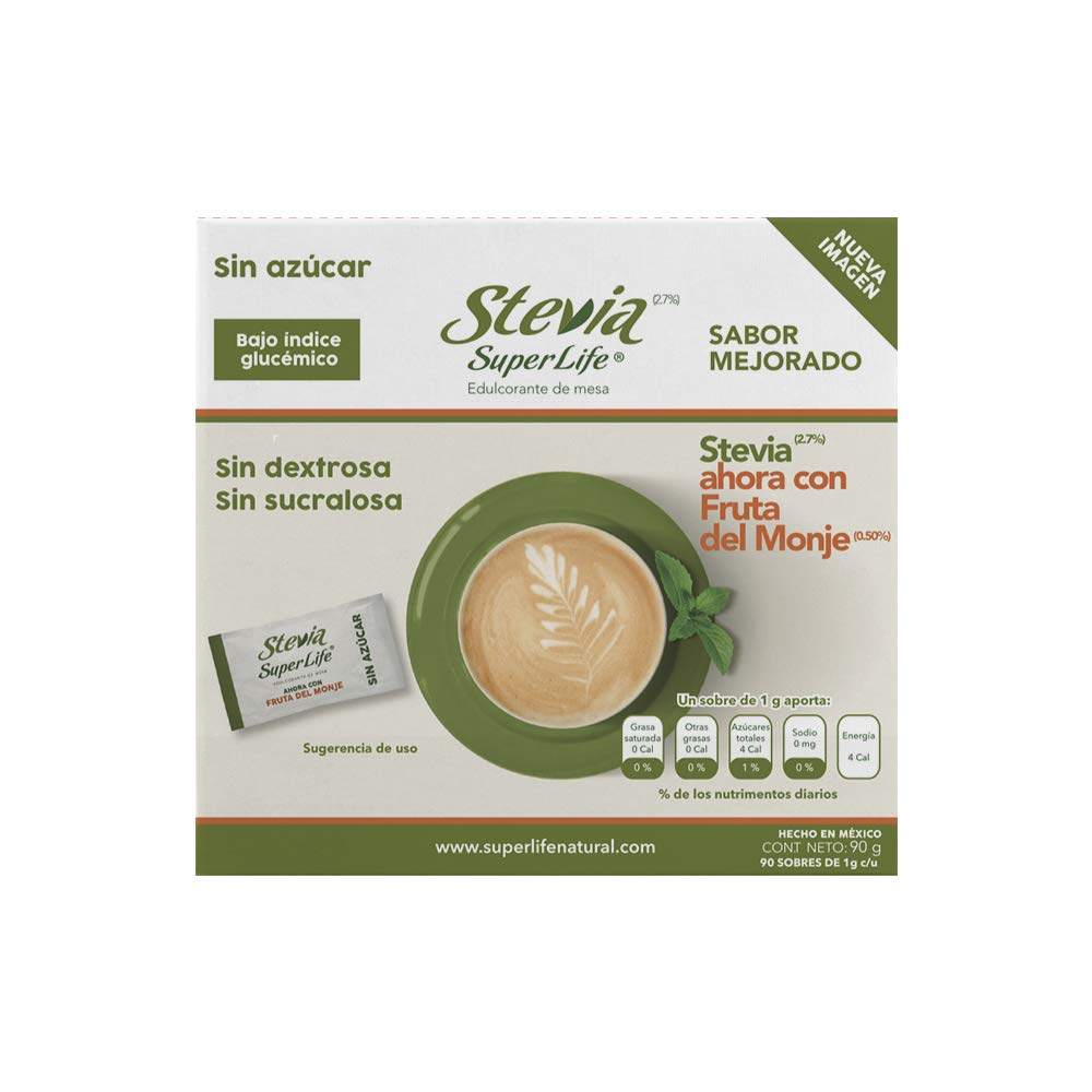 Stevia Super Life® Bio 90 Sobres Con Fruta del Monje Sin azúcar ...