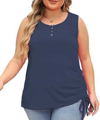 Plus Size Shirts for Women Cute Buttons Tops Summer Tank Tops Navy Blue ...
