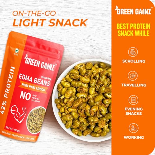 Green Gainz Roasted Edamame Peri Peri Limon Flavour(pack of 9-100gm ...