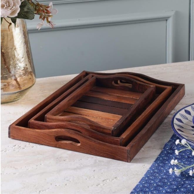 ABU HANDICRAFT Set of 3 Wooden Serving Trays with Handles - Rustic ...