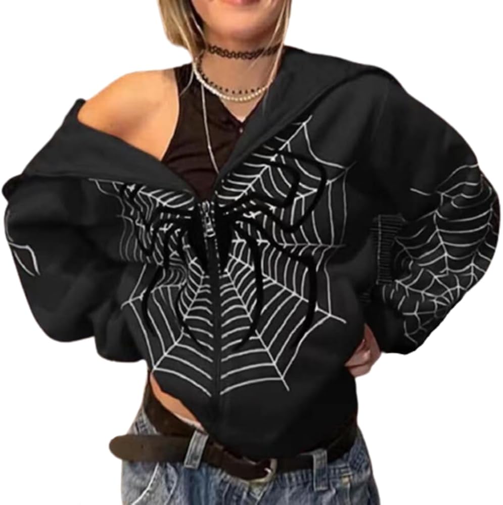 ZSIIBO Spider Web Red Hoodie Sweatshirt Zipper Warm Harajuku Punk ...
