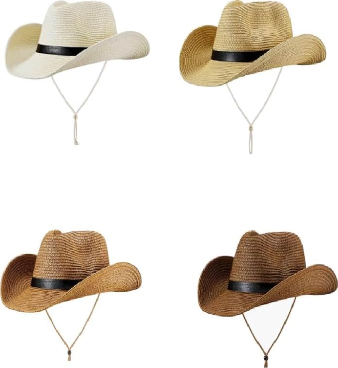 4 Pcs Western Cowboy Hat for Women Men Summer Garden Straw Fishing Hat ...