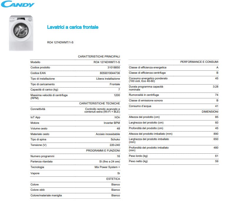 Candy Smart Pro Inverter Lavatrice Slim 7 Kg, Libera Installazione ...