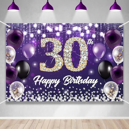 Amazon.com: Happy 30th Birthday Backdrop Banner Purple Theme Background ...