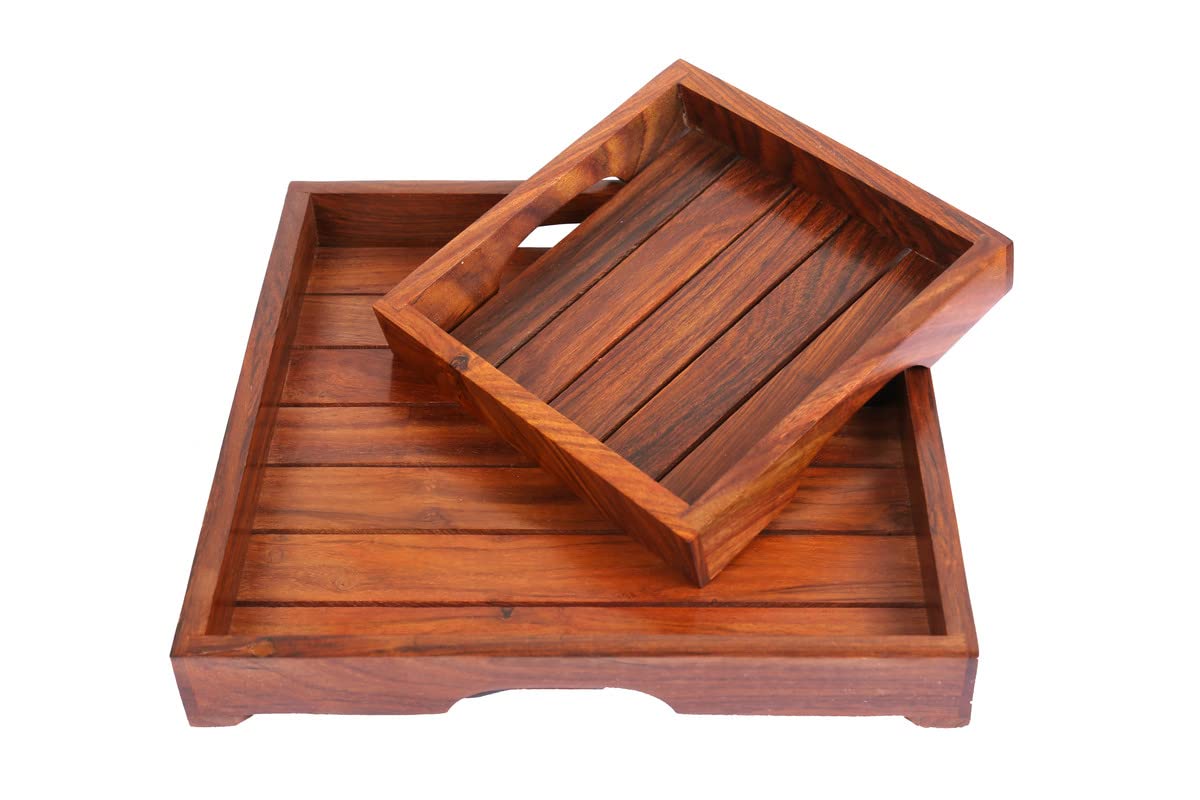ARTISANS CRAFT INDIA Hand-Crafted Wooden Serving Tray Cut-Out Handle ...