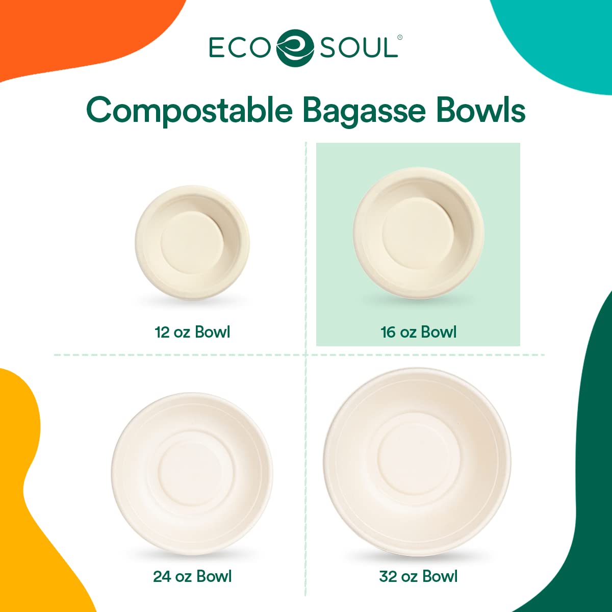 ECO SOUL 100% Compostable 16 Oz Soup Bowls [100-Pack] Disposable ...