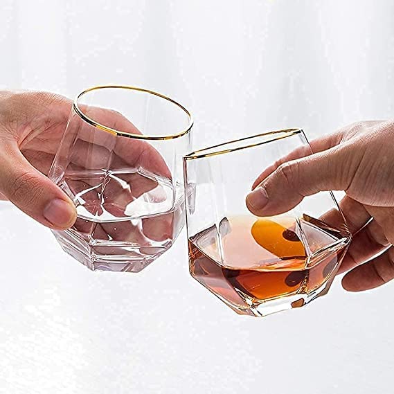 The Rck Gold Rim Whiskey Hexa Glass 310ML 2PCS Diamond Glasses Banded ...