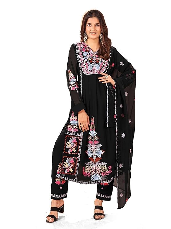 Buy mankita Women's Faux Georgette Straight Printed Embroidery Work ...