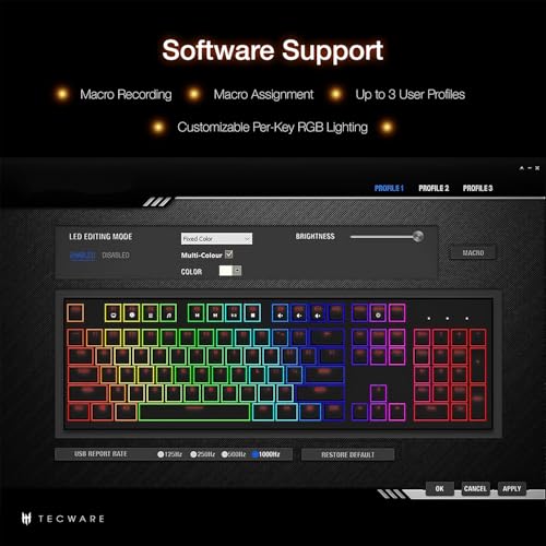 TECWARE Phantom+ 87 Key Mechanical Gaming Keyboard, RGB led, TKL 75% Keyboard, Thocky Sounding ...