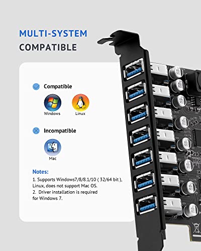 SupaGeek 7-Port USB 3.0 PCI-E Expansion Card, Internal PCIe to USB 3.2 ...