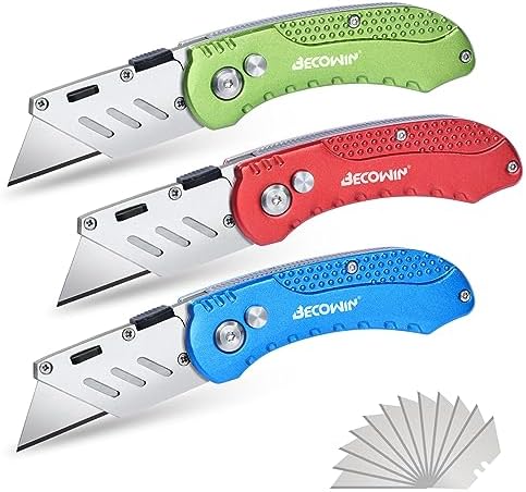 BECOWIN 3-Pack Folding Utility Knife, Stainless Steel Box Cutter with ...