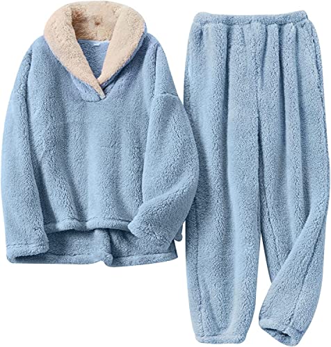 BTPEIHTD Womens Fuzzy Pajamas Set Fleece Sleepwear Pullover Oversized ...