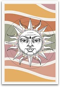 Retro Boho Sun Poster - Muted Tone Hippy Linework Poster - 12 x 18 Inch ...