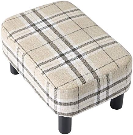 IBUYKE 42CM Small Footstool, Linen Fabric Pouf, with Padded Seat Pine ...